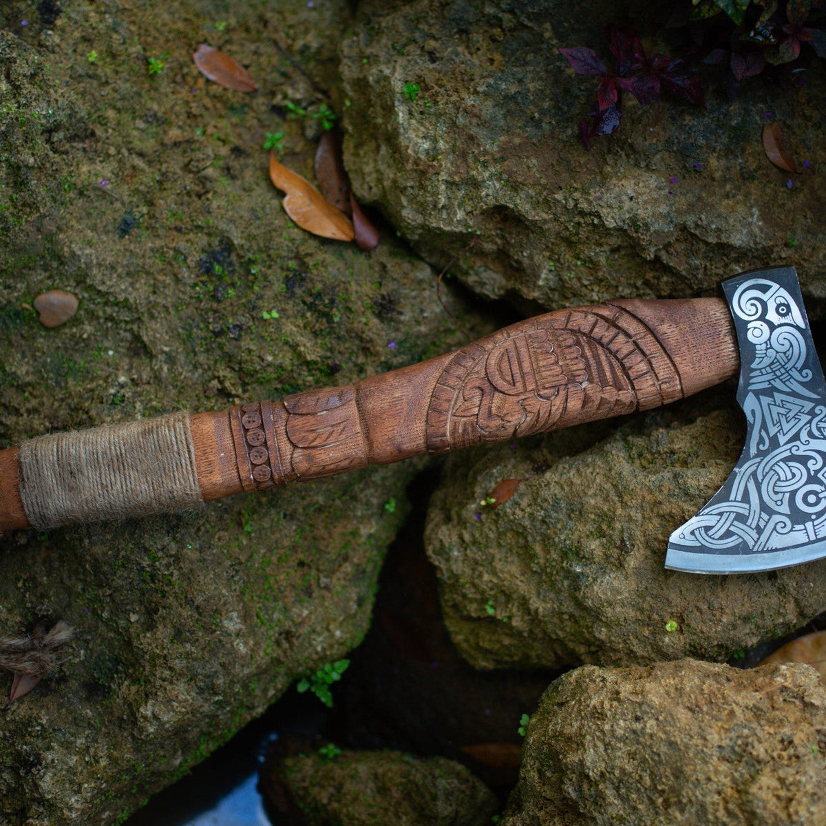 Engraved Raven Axe | Handcrafted Birch Wood & Steel Axe | Tales of Valhalla