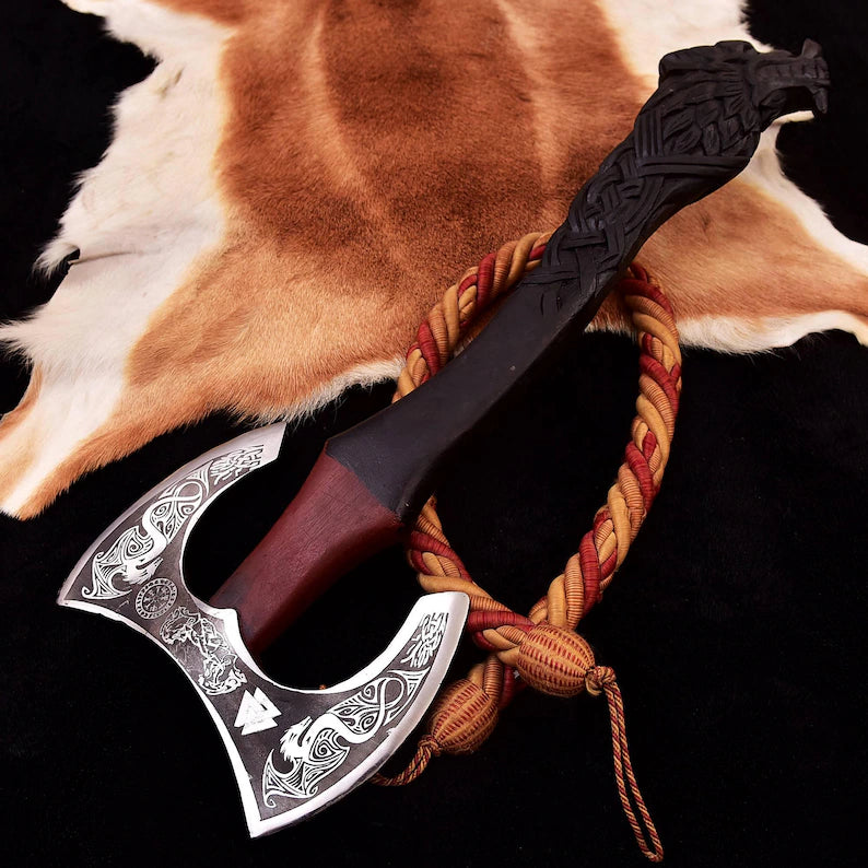 Fenrir Double Bladed Axe | Viking Wolf Axe with Runes & Knotwork ...