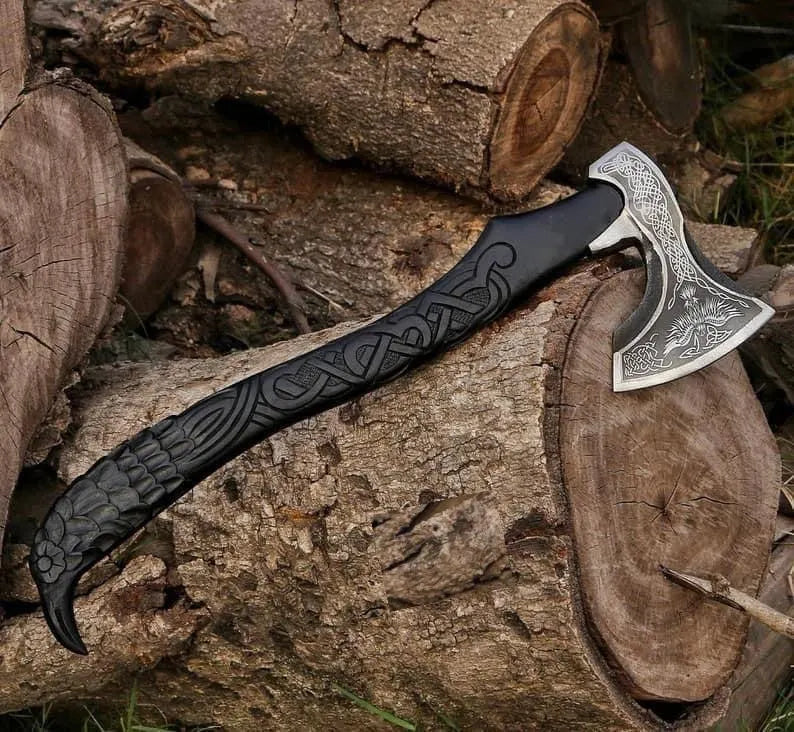 Black Exotic Raven Axe | Hand-Forged Viking Axe with Etched Blade ...