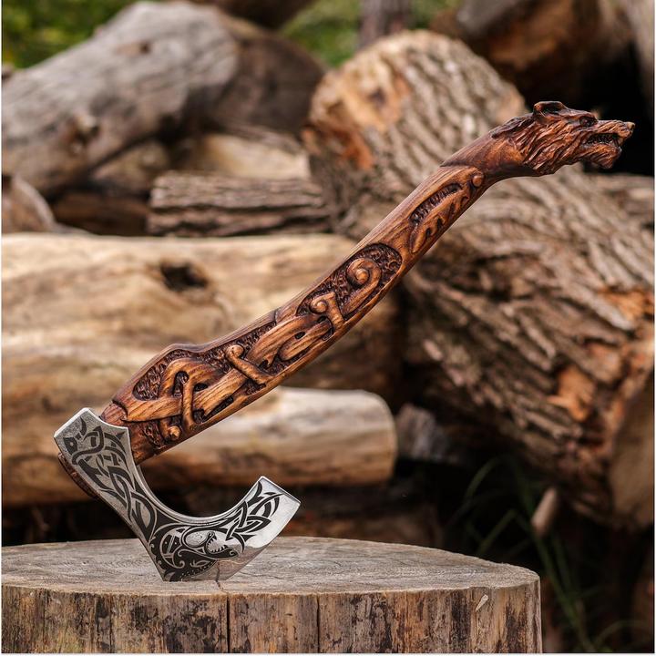 Fenrir Carved Battle Axe - Handcrafted Viking Axe with Wolf Carving ...