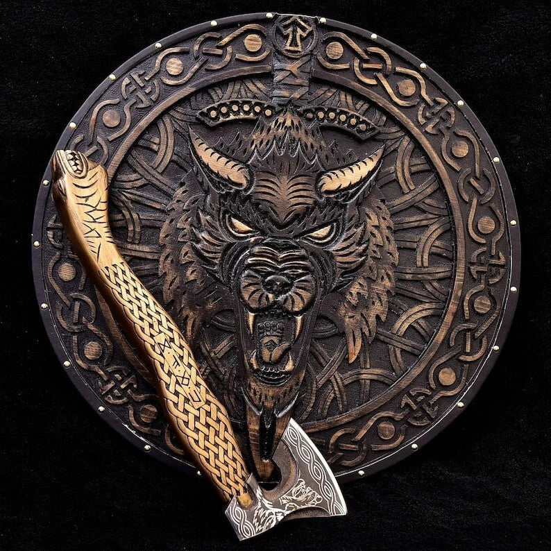 Norse Wolf Axe & Shield Set | Viking Axes & Wolf Engraved Shield ...